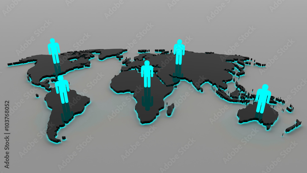 3d Black World map with people and cyan light Stock Illustration ...