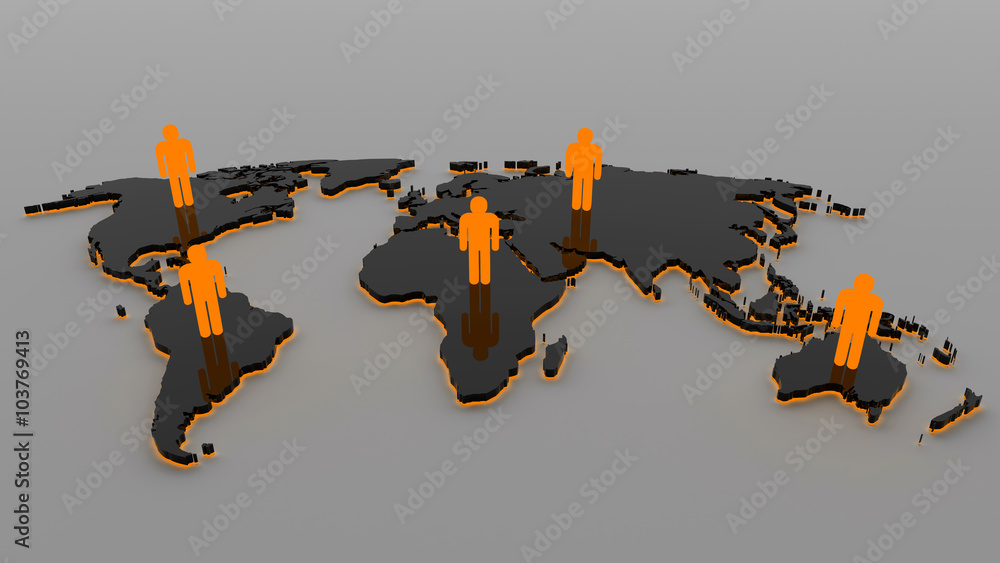 3d Black World map with people and orange light Stock Photo | Adobe Stock