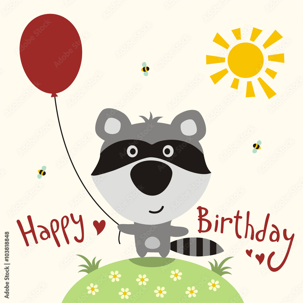 Happy birthday card, funny badger with balloon, handwritten text. Stock ...