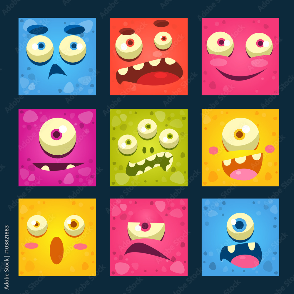 Cartoon Monster Faces Vector Set. Stock Vector | Adobe Stock
