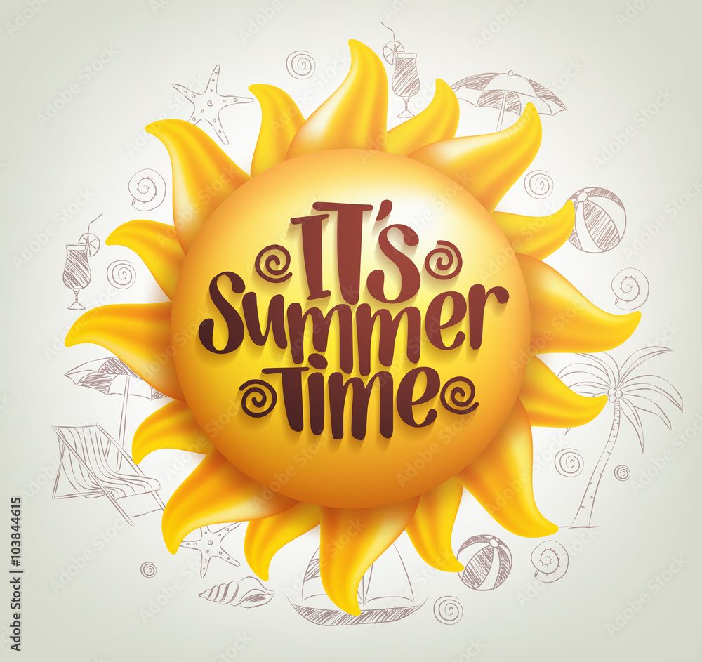3D Realistic Sun Vector with Summer Time Title in a Background with ...