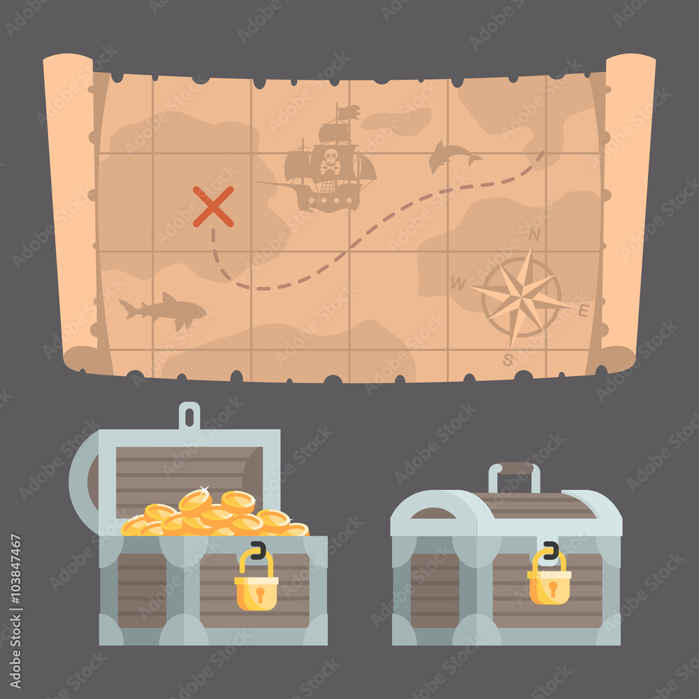 Treasure map and chest with gold Stock Vector | Adobe Stock
