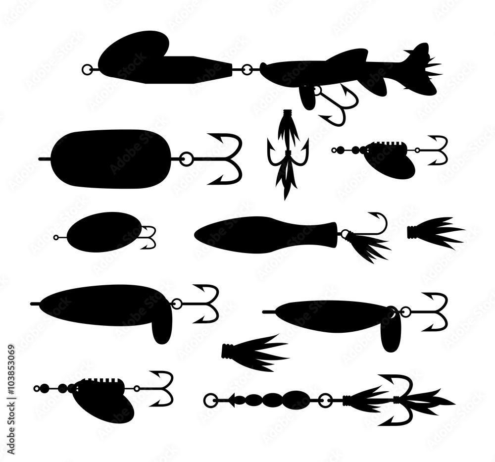 Fishing lure vector set. Fishing tools illustration. Fishing hoo Stock ...