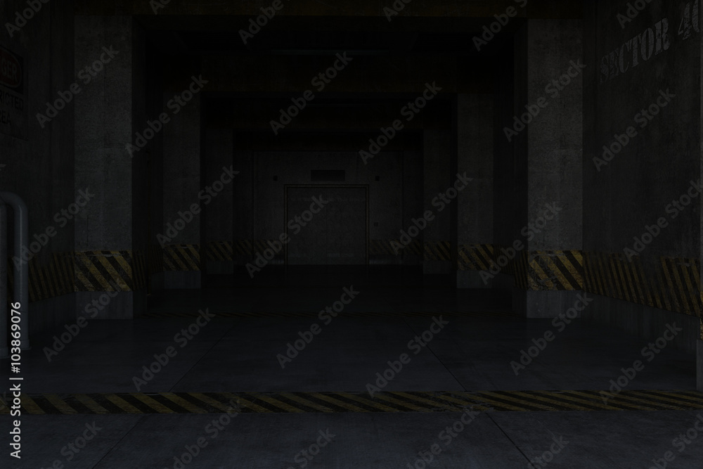 long secret corridor with columns and a lift at the end. The reflection on the floor Stock ...