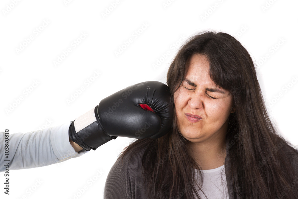 fat woman getting hit in the face by boxing glove. White background ...
