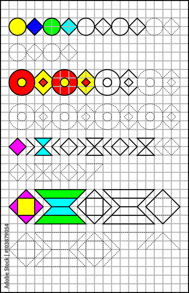 Educational page with exercises for children on a square paper ...