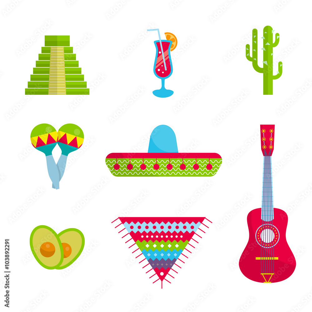 Vector Bright Mexican flat set, icon, elements for travel site, banner ...