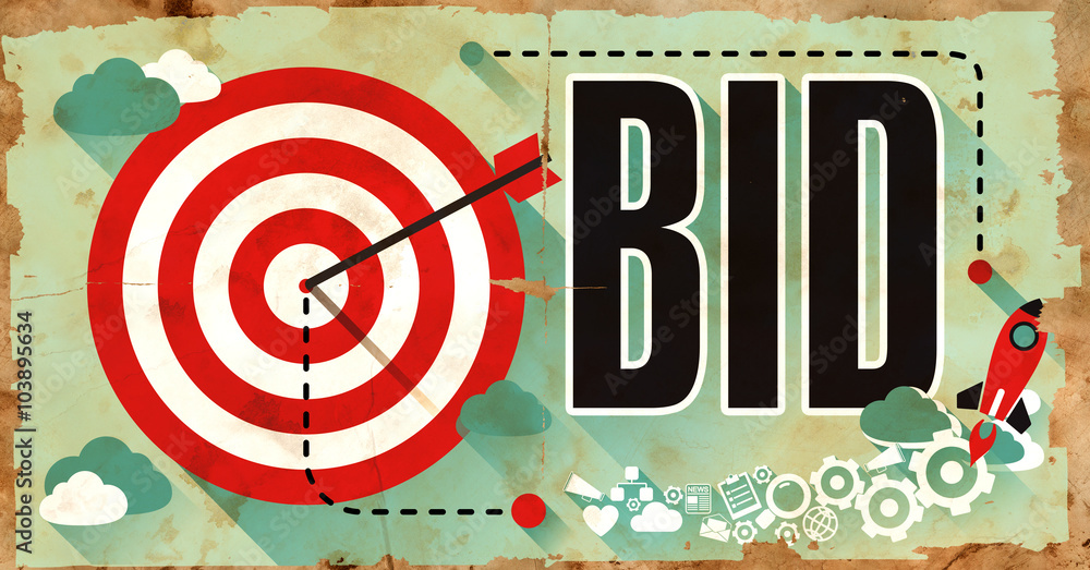 Bid Concept on Old Poster in Flat Design with Red Target, Rocket and ...