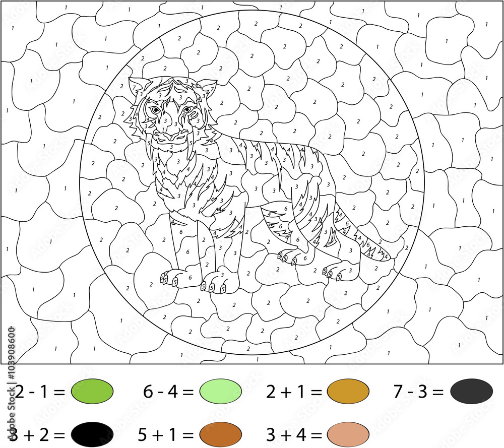 Cartoon saber-toothed tiger. Color by number educational game fo Stock ...