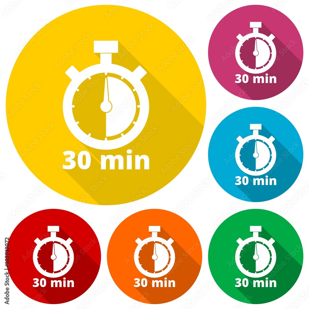 30 minutes stopwatch symbol, Timer icons set with long shadow Stock ...