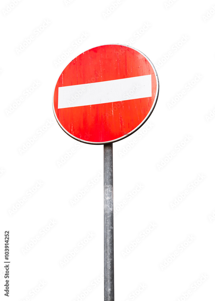 Round red sign No Entry on metal pole isolated Stock Photo | Adobe Stock