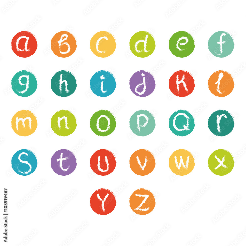 Vector colorful English alphabet. Chalk style drawn letters in circles ...