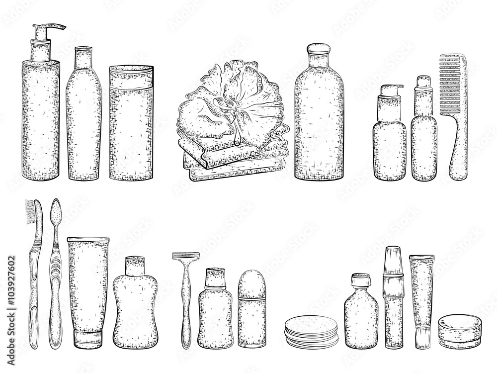 Hand drawn set of products for body care and hygiene. Detailed sketch ...