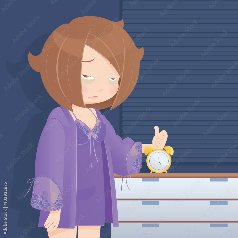 Drowsy girl waking up in the morning, Cartoon illustration Stock Vector ...