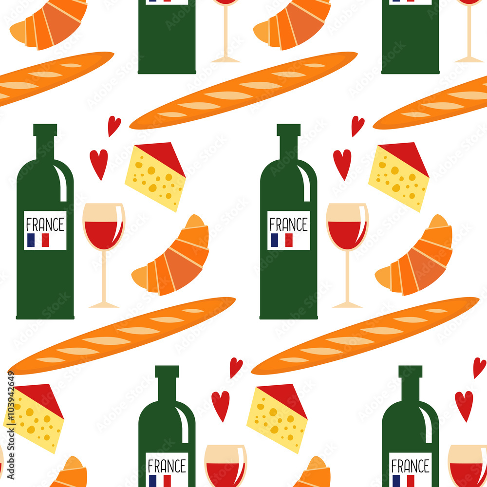 Seamless pattern with traditional french food: croissant, cheese ...