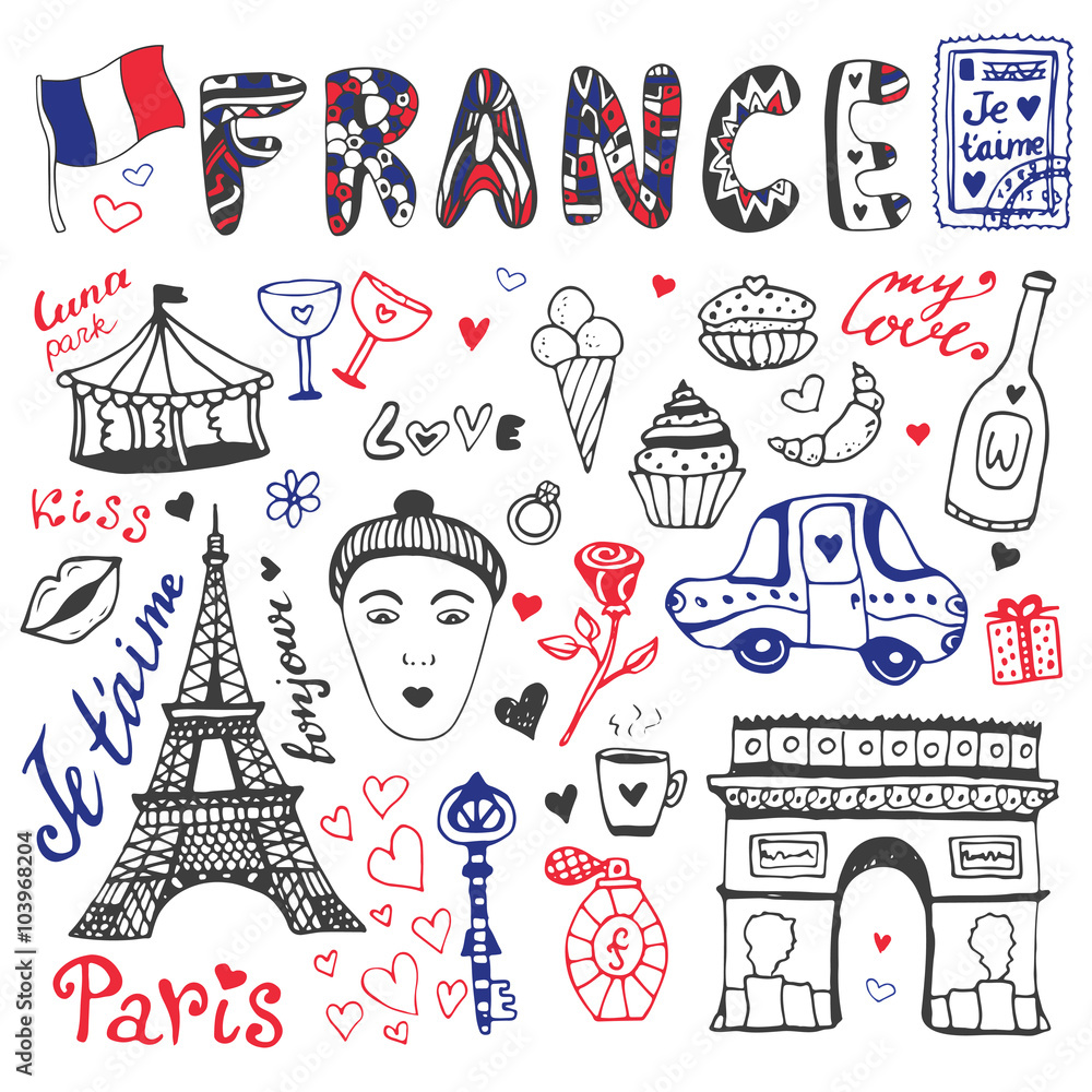Hand drawn doodles set of France - Eiffel tower, Triumphal arch and ...