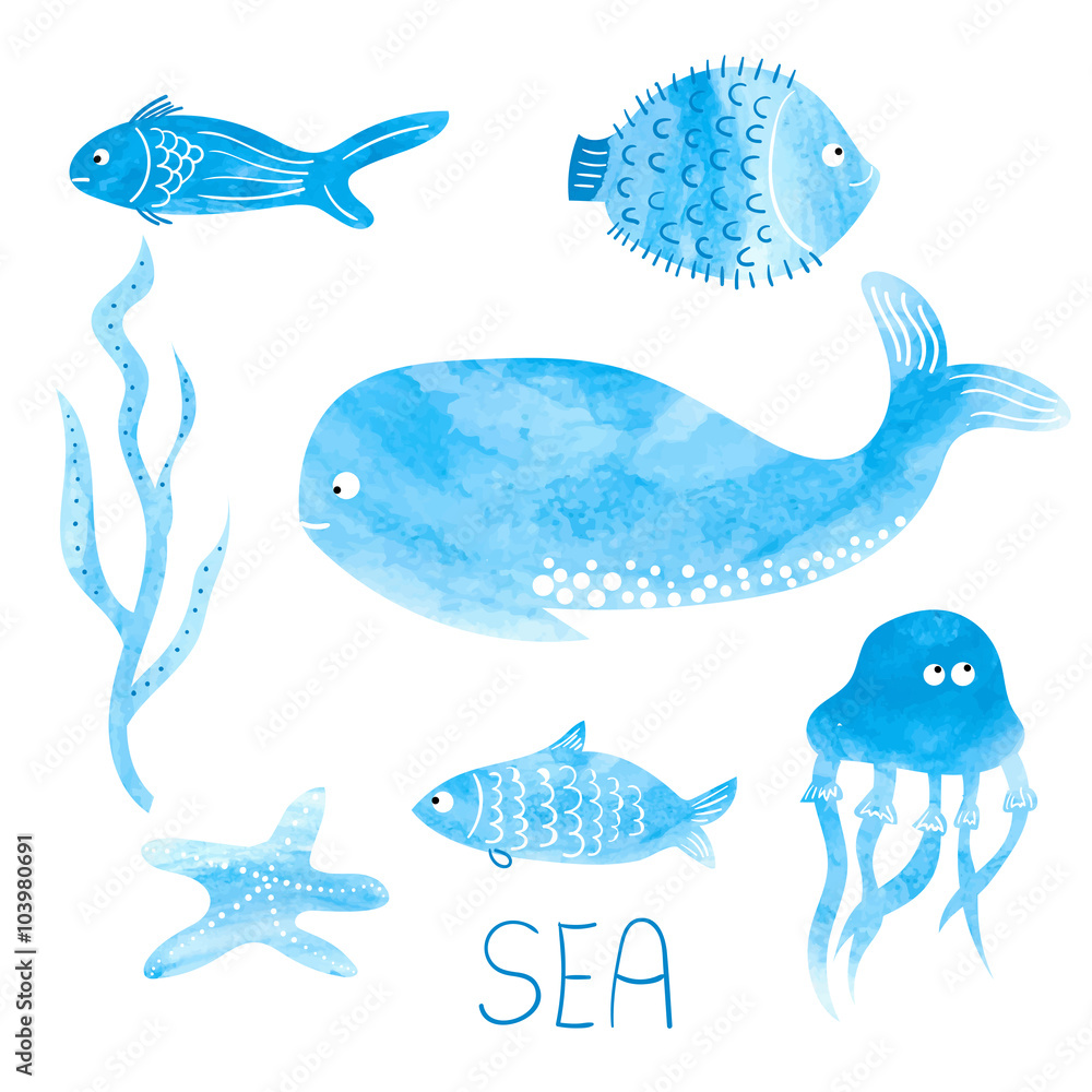 Watercolor sea animals set. Cute hand drawn whale, fishes, jellyfish ...
