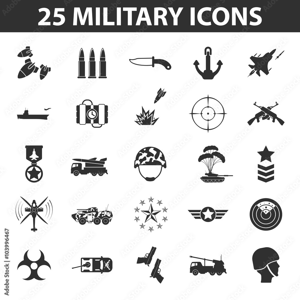 Military set 25 black simple icons. Army and weapon icon design for web ...