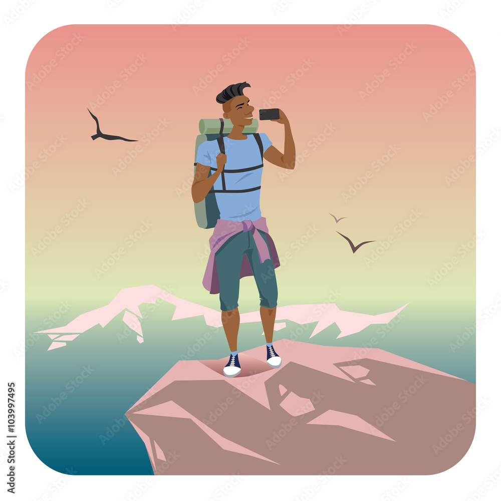 vector illustration of boy on top of the mountain in cartoon style ...