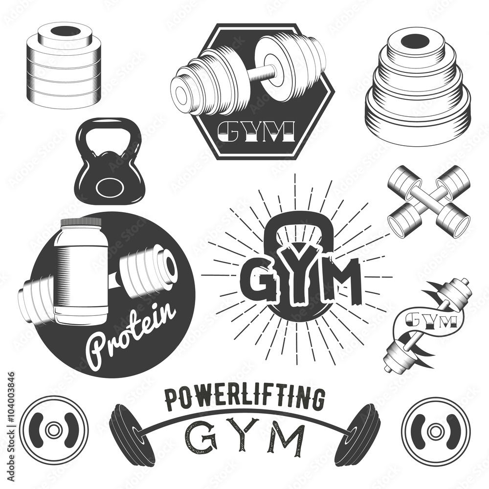 Set of gym labels in retro style. Sport fitness emblems, badges and ...