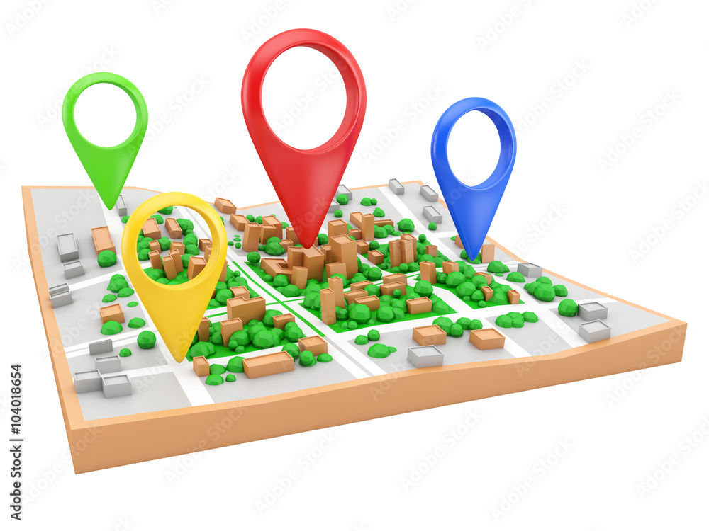 marker pointer on the 3D low poly model of the city map Stock ...
