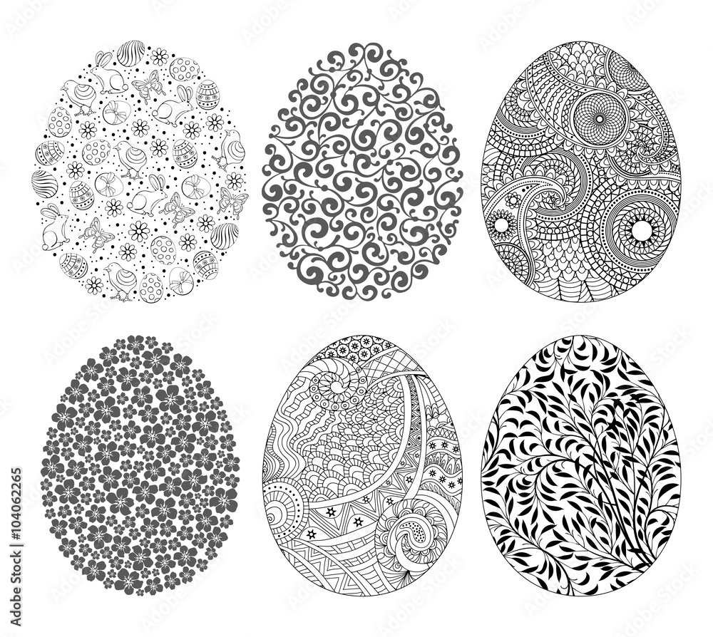 Set of Easter Eggs with Hand Drawn Unusual Zentangle, Floral and Other ...