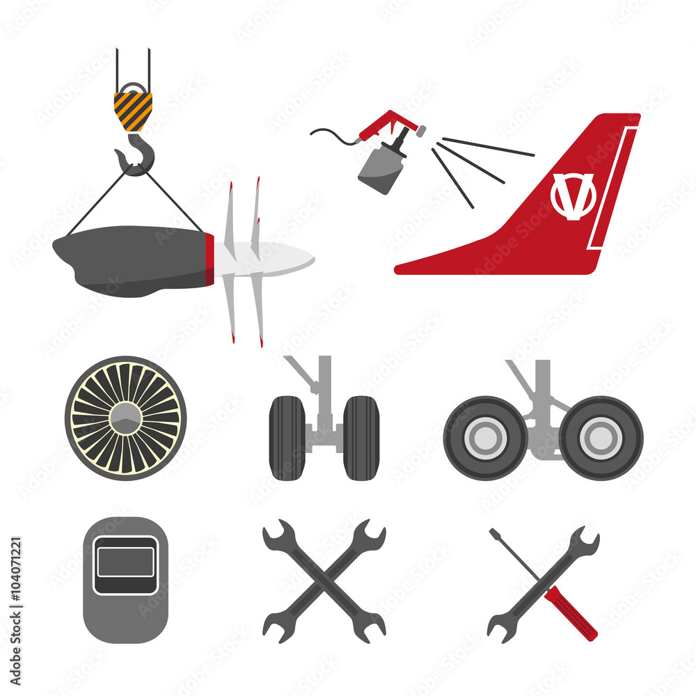 Set of aircraft parts on white background. Flat vector icons set. Airc ...