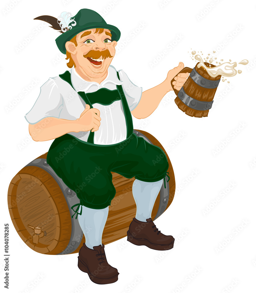 German man sits on an oak barrel and holding wooden beer mug. Bavarian ...