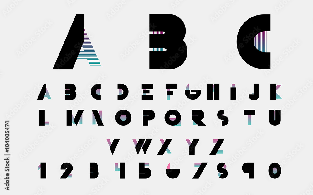 Black alphabetic fonts and numbers with color lines. Vector ...