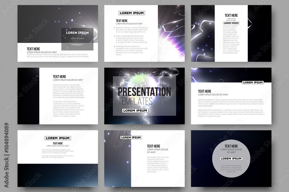 Set of 9 templates for presentation slides. Electric lighting effect ...