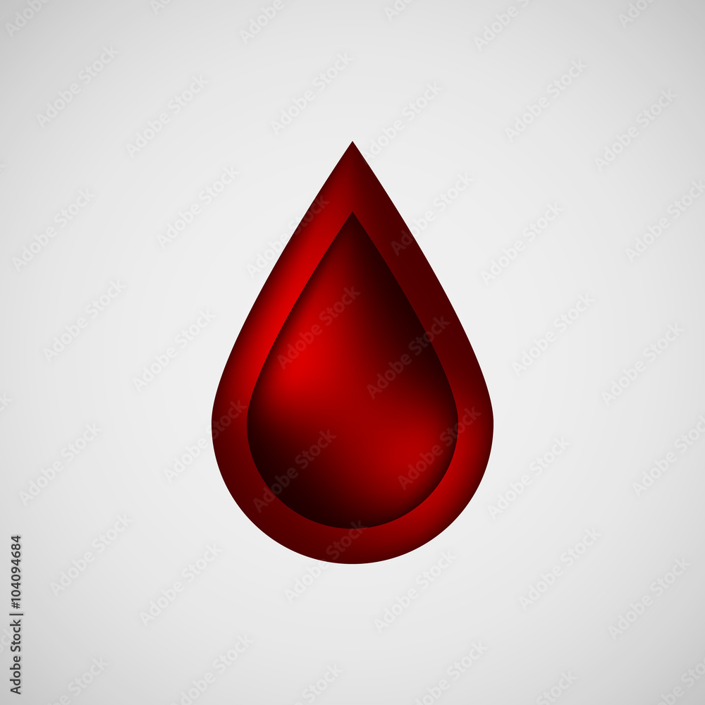 Red blood drop, bubble badge, realistic icon template with reflex ...