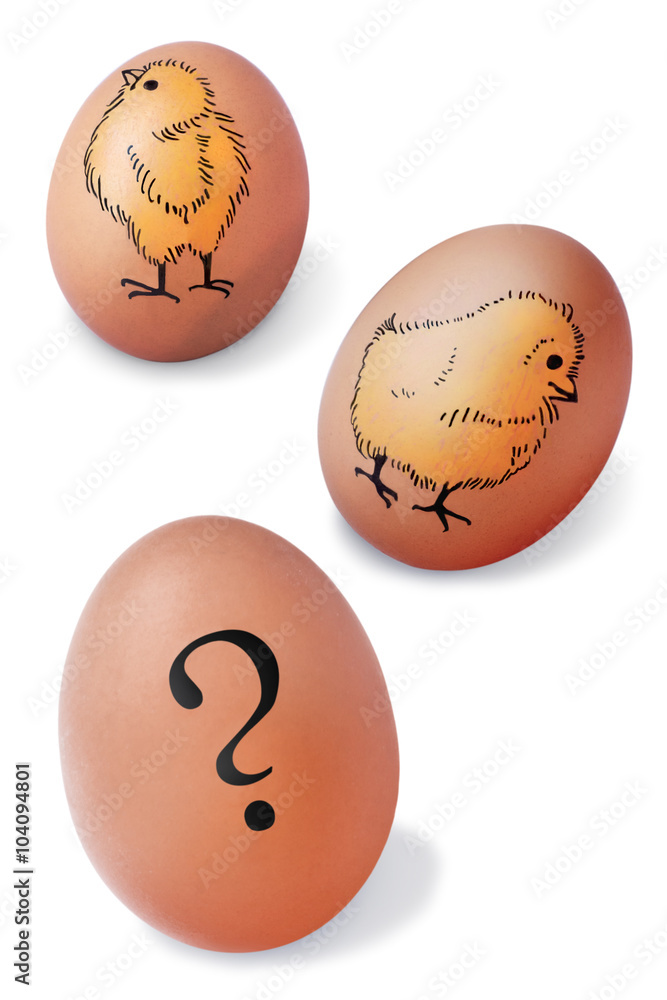 Easter eggs with painted chickens and question mark, isolated on white ...