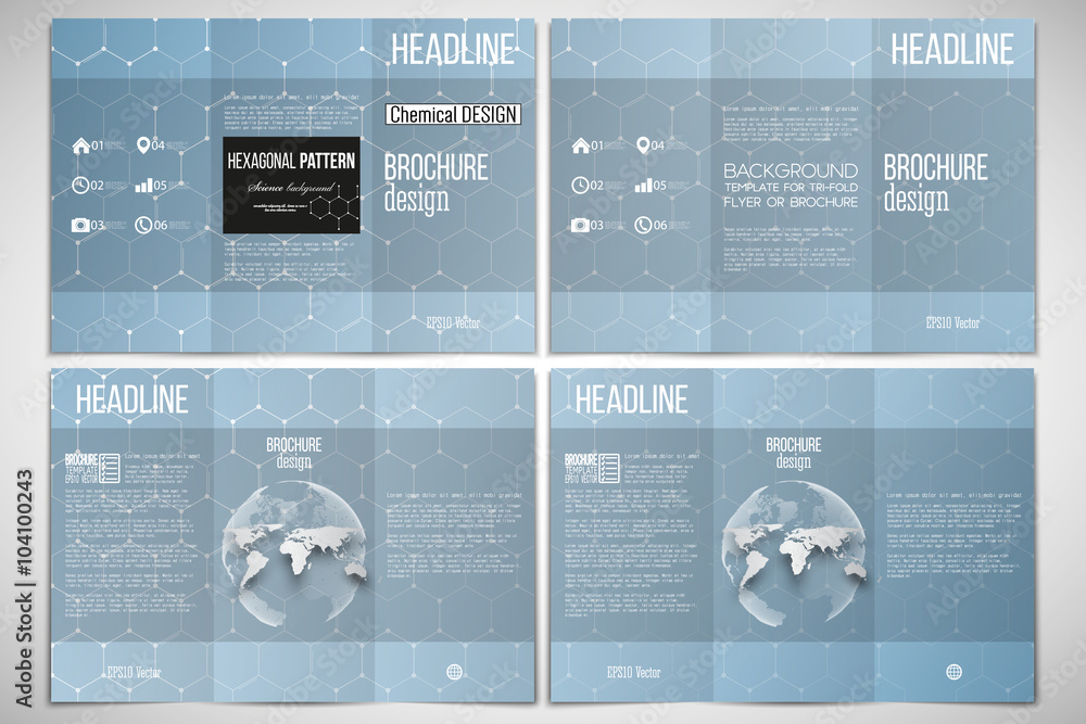 Set of tri-fold brochure design template on both sides with world globe ...