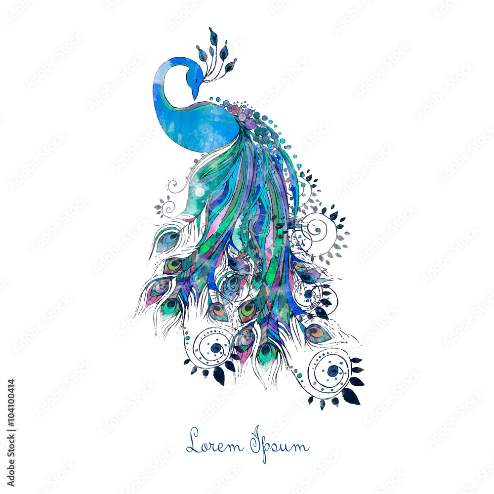 Greeting watercolor card with peacock. Frame of peacock made in vector ...