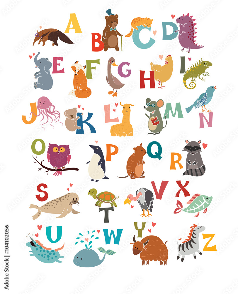 Cute vector zoo alphabet. Funny cartoon animals. Vector Illustration ...
