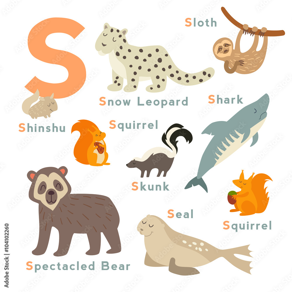 S letter animals set. English alphabet. Vector illustration, isolated ...