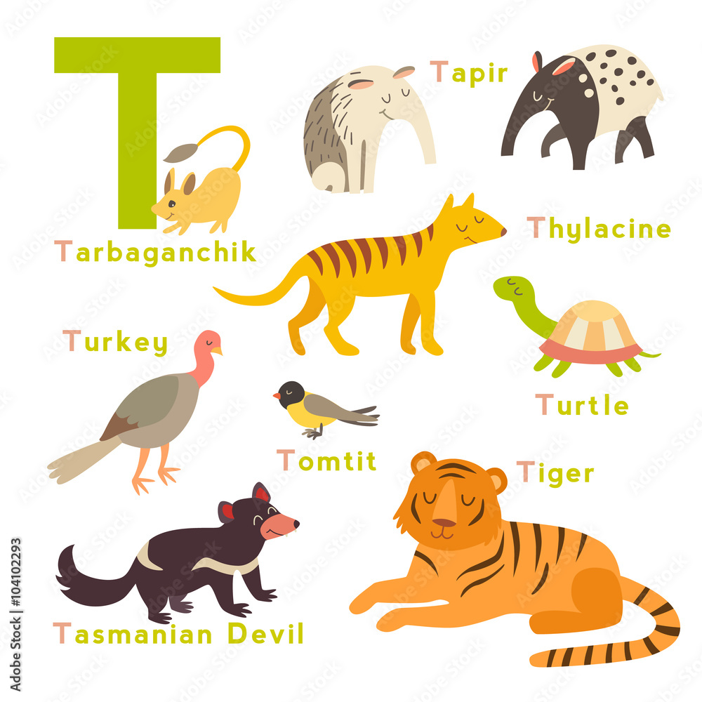 T letter animals set. English alphabet. Vector illustration, isolated ...