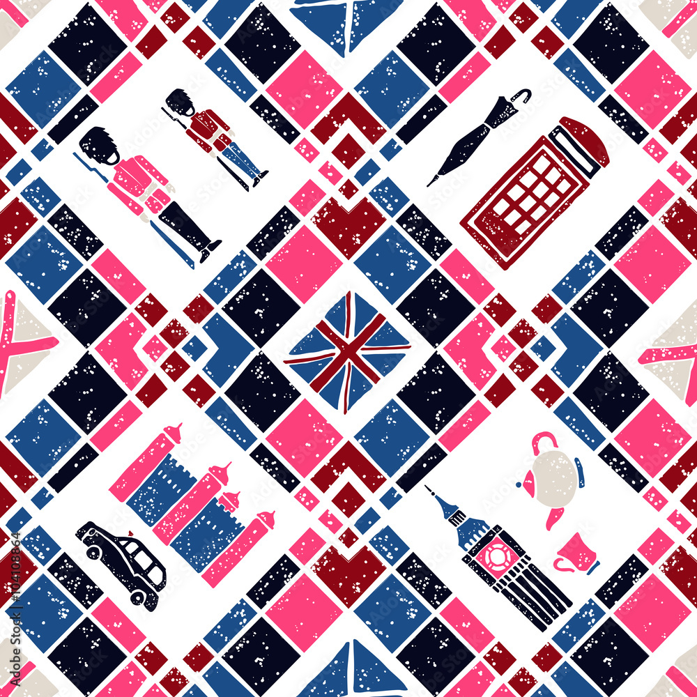 Seamless pattern Argyle and English Symbols Stock Vector | Adobe Stock