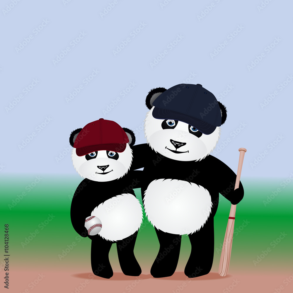 Cartoon panda baseball players with baseball bat and ball on blurred ...