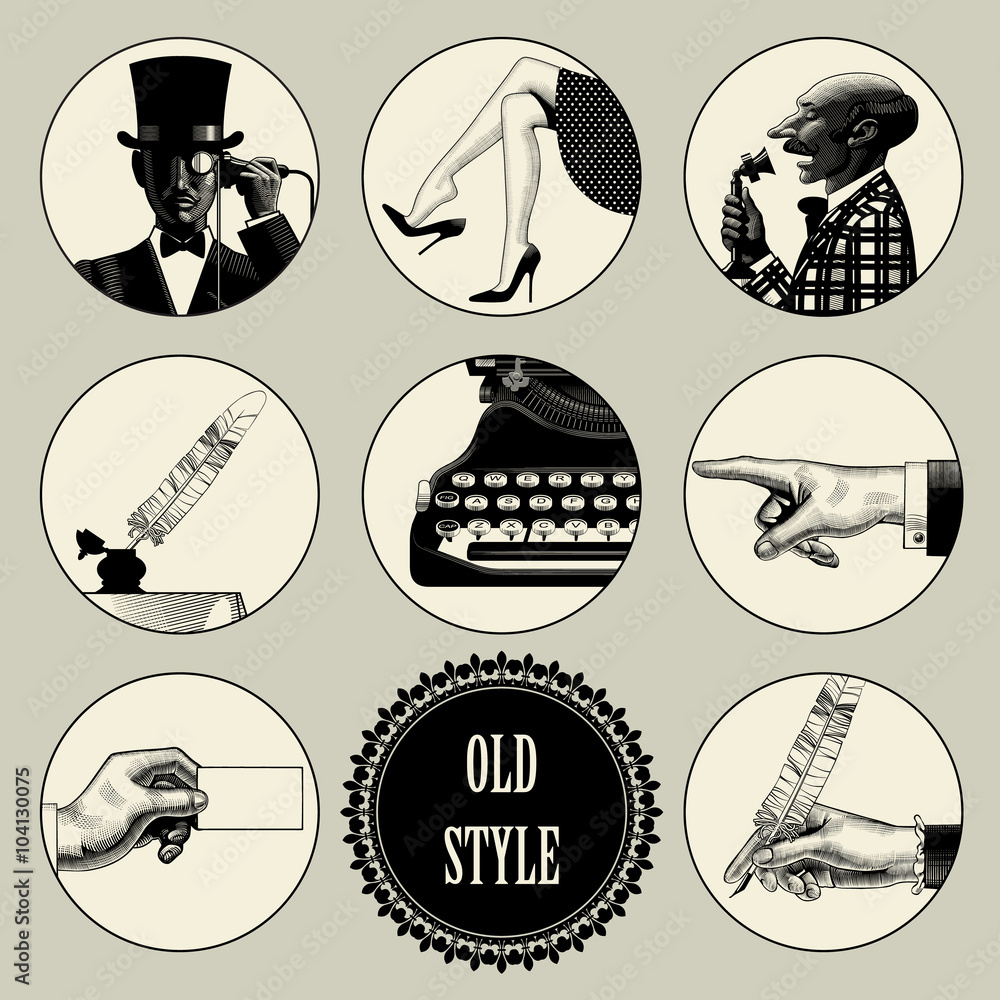 Set of round images in vintage engraving style with body parts a Stock ...