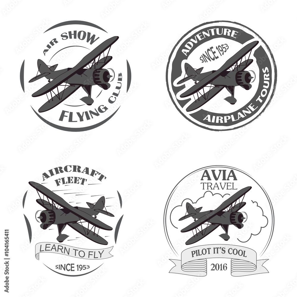 Vintage airplane emblems. Biplane labels. Retro Plane badges, plane ...