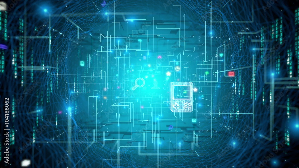 Seamlessly looping animation of app icons flying through technology ...