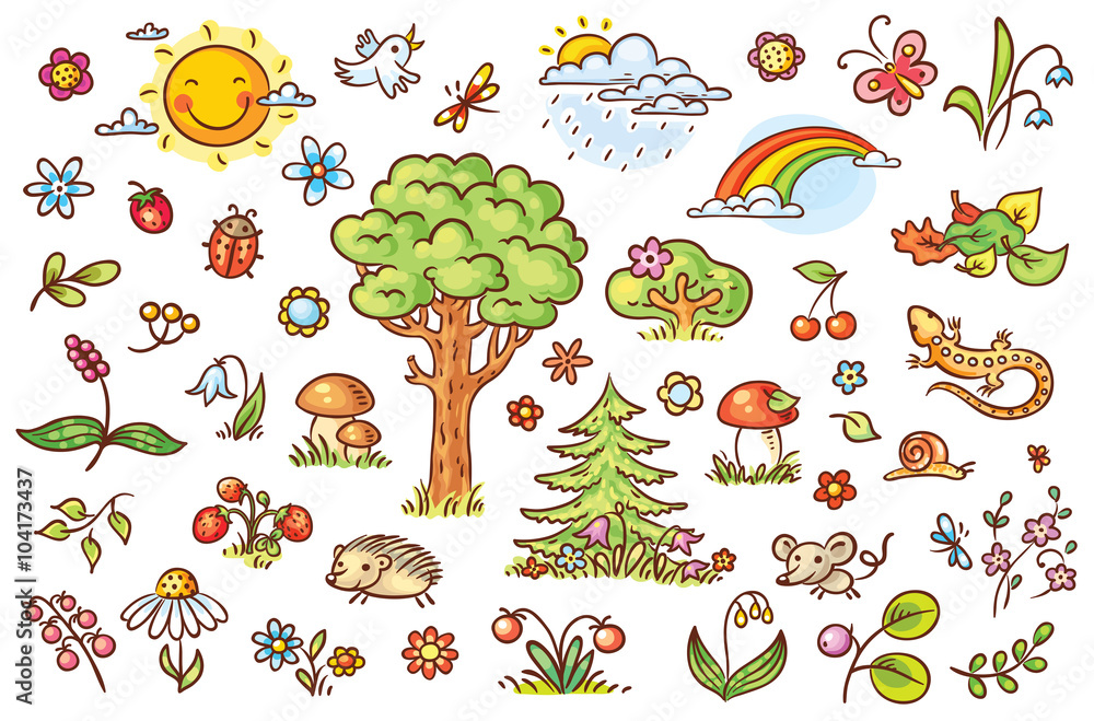 Cartoon nature set with trees, flowers, berries and small forest ...