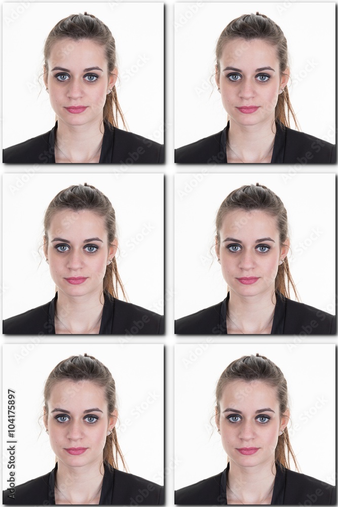 Identification photo of a girl for passport, collage of 6 id photos ...