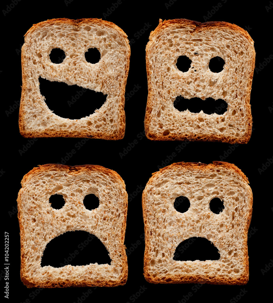 Happy, worried, shocked and frightened faces made of bread slice foto ...