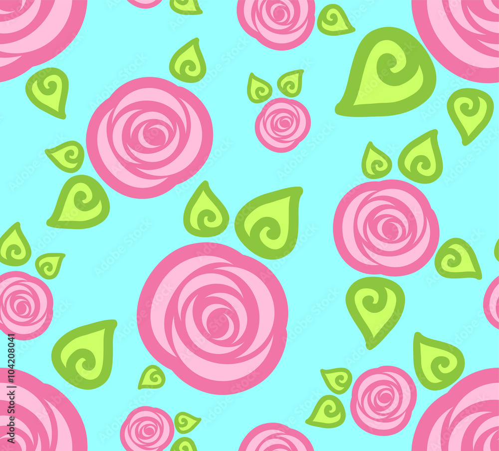 Cartoon seamless wallpaper pattern with abstract pink roses on blue ...