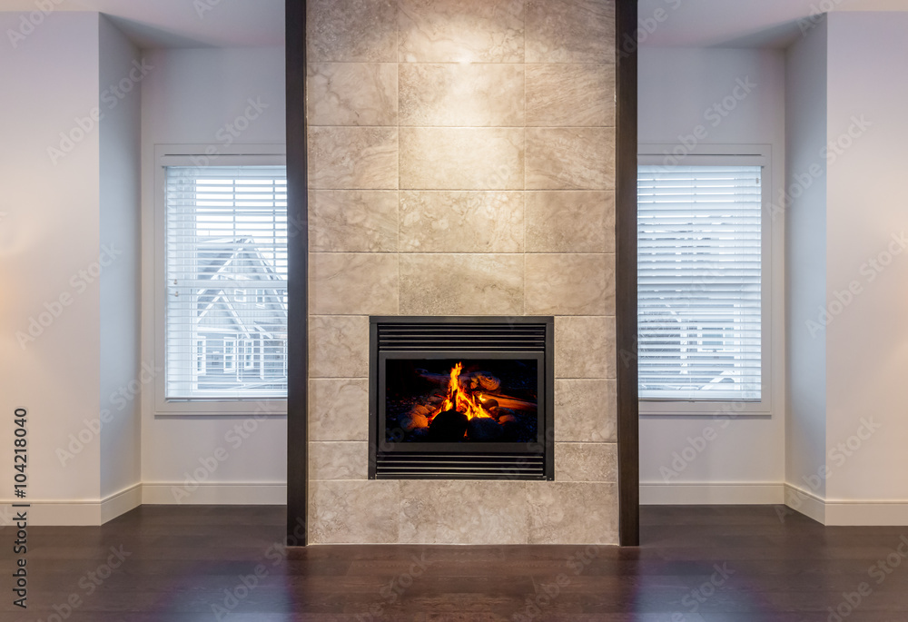 Interior design of a luxury living room. Fireplace in empty room. Stock ...