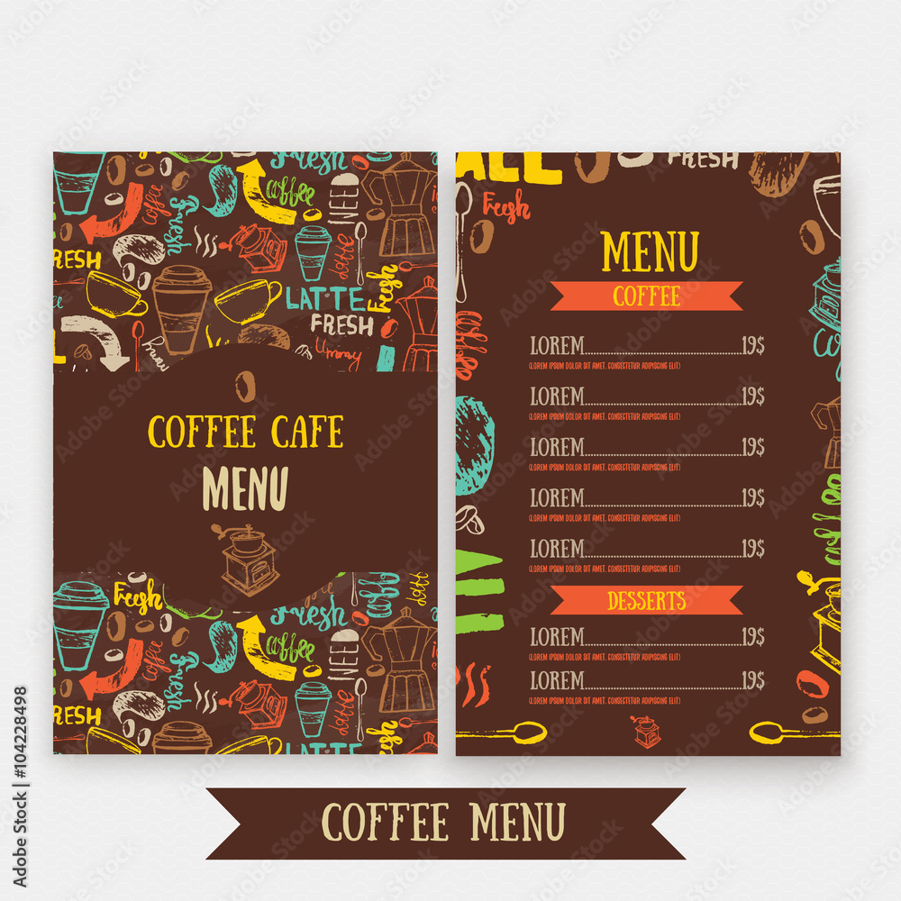 Cafe menu template design with lettering for coffee shop. Hand drawn ...