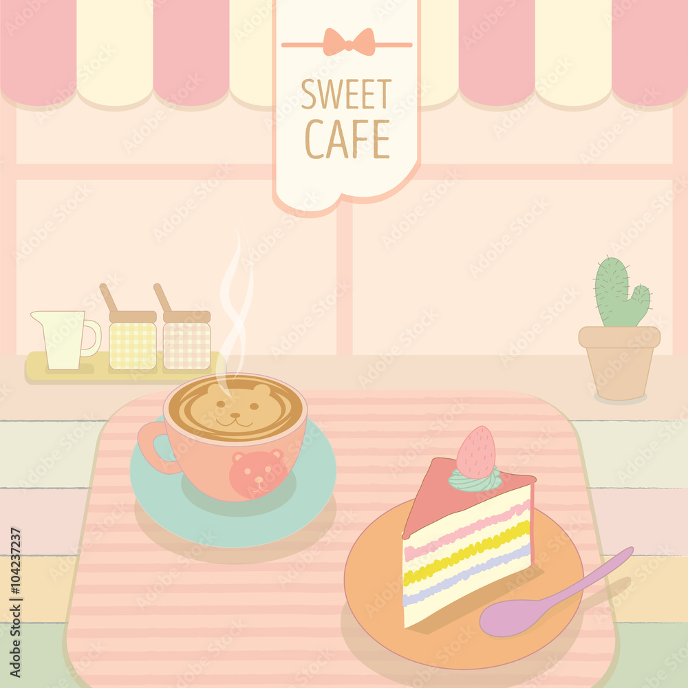 Vector the cake&coffee in the bakery cafe shop with sign.Cute theme and ...