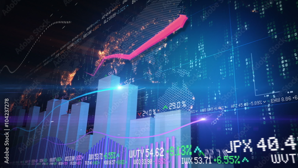 Seamlessly looping abstract animation of bar charts and global map in ...